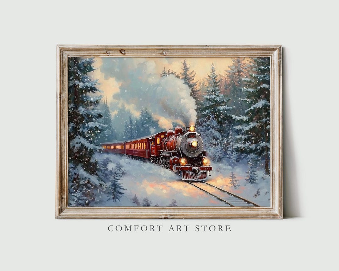 Red Steam Train Christmas Wall Art, Vintage Winter Holiday Print, Snowy ...