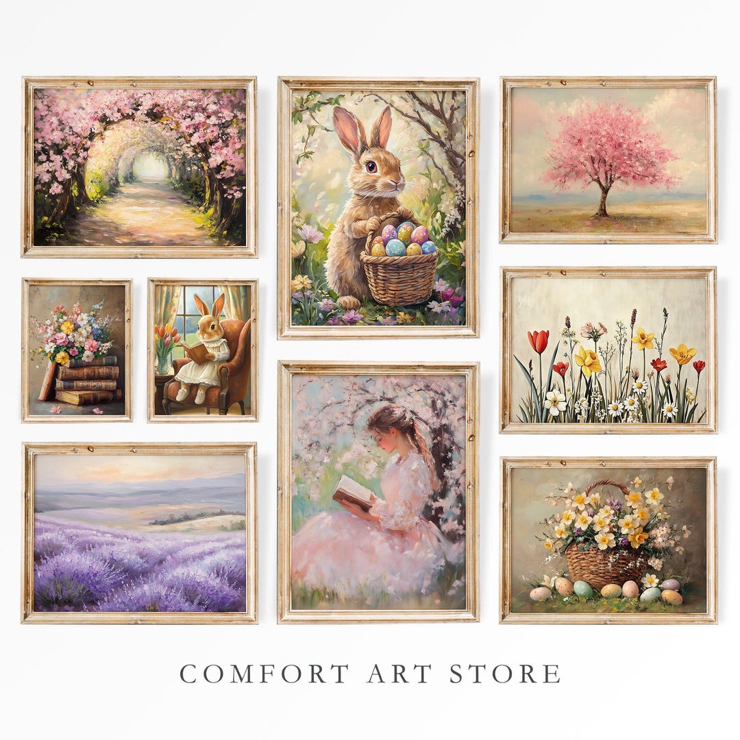 Easter Wall Art Set of 9 Print Easter Bunny Reading Book Print Spring ...