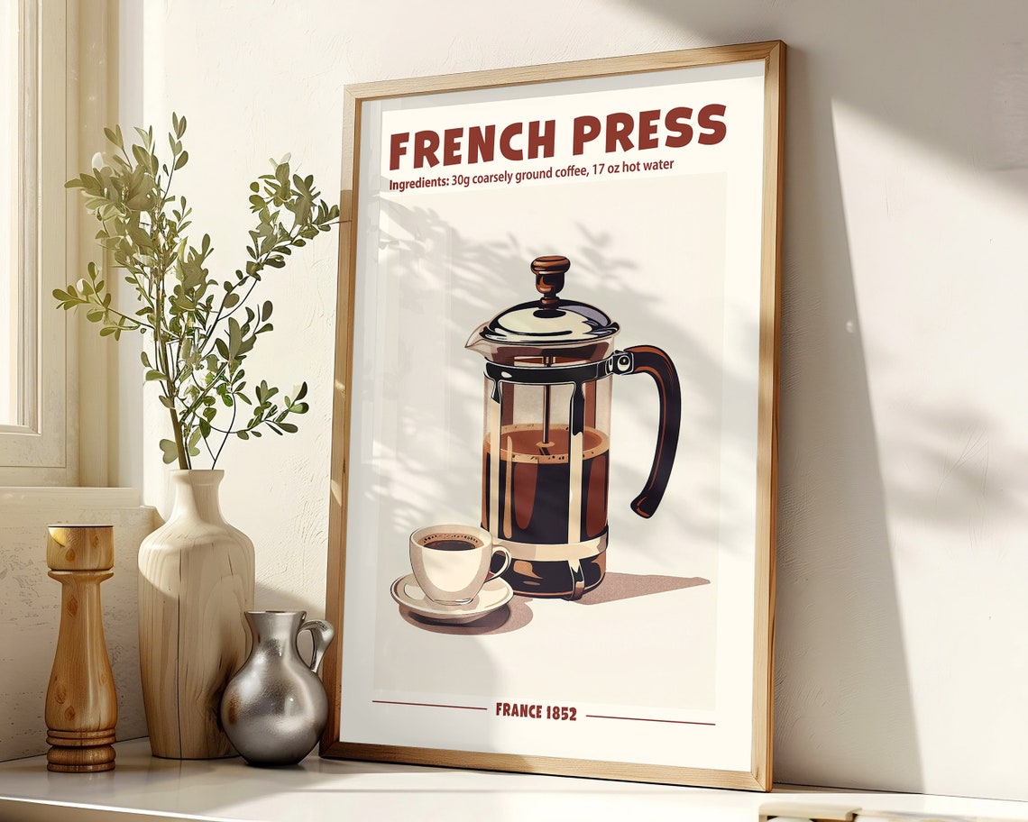 Retro French Press Coffee Print Home Bar Decor Cart Sign Kitchen or ...