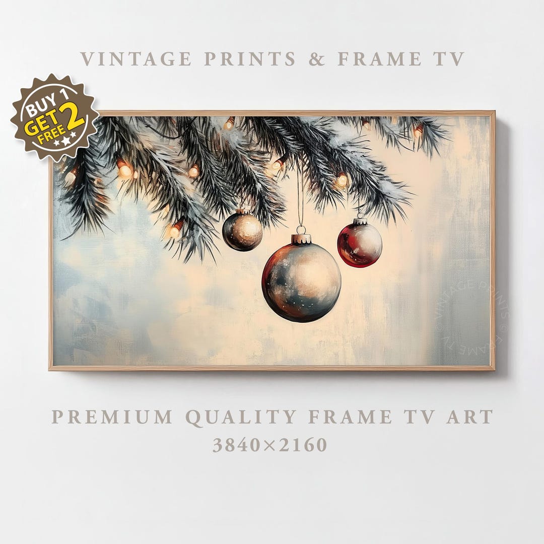 Vintage Christmas Frame TV Art Ornaments Winter Pine Branch Gold ...