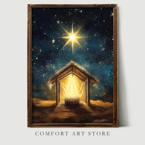 Nativity Scene Wall Art Holy Night Print Vintage Christmas Manger Star ...