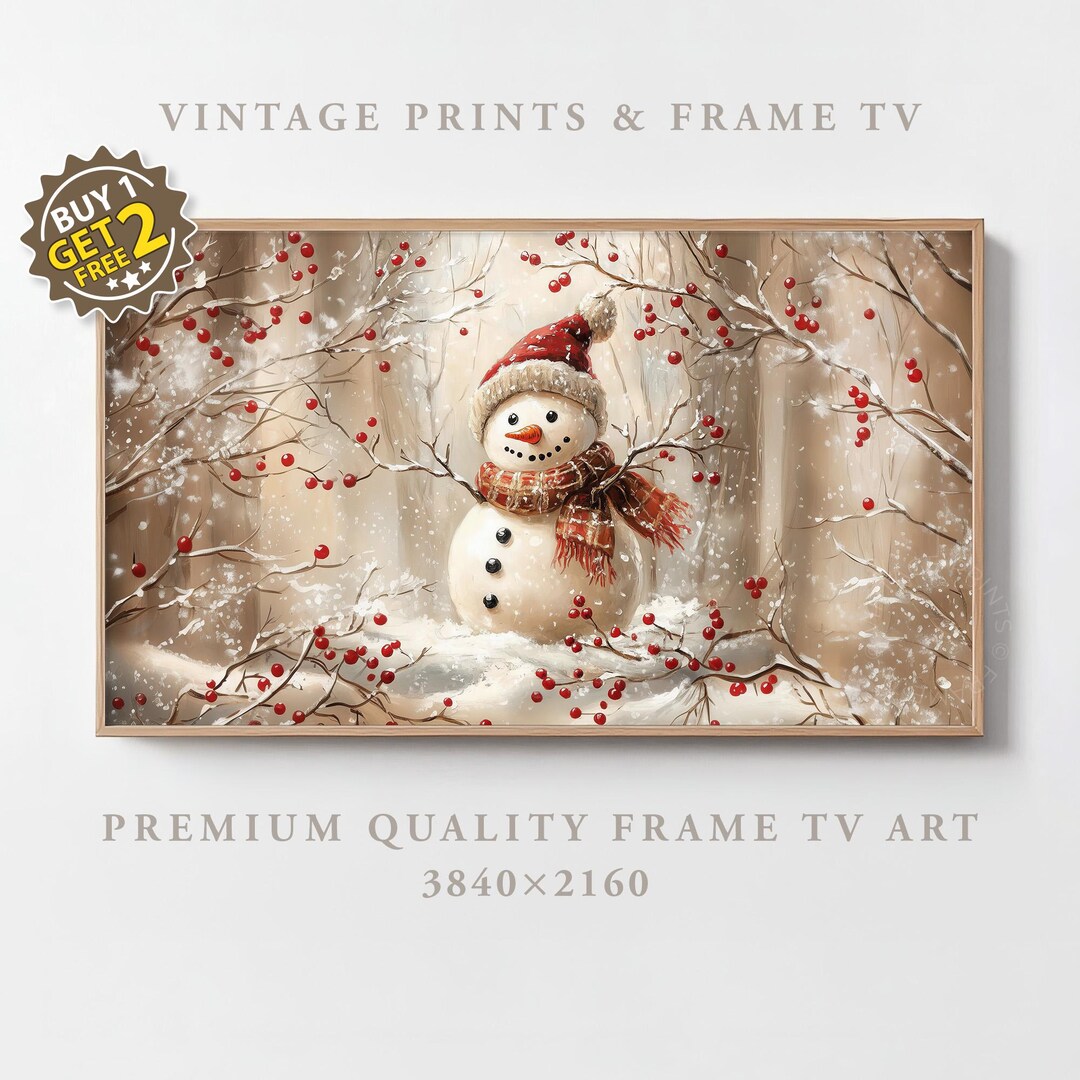 Vintage Christmas Frame TV Art Snowman Santa Hat Winter Rustic Holiday ...