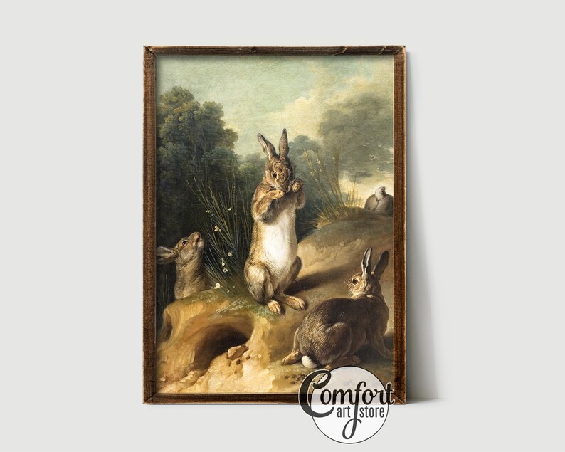 Vintage Wall Art Animal Scenery Rabbit Painting Rustic - Etsy