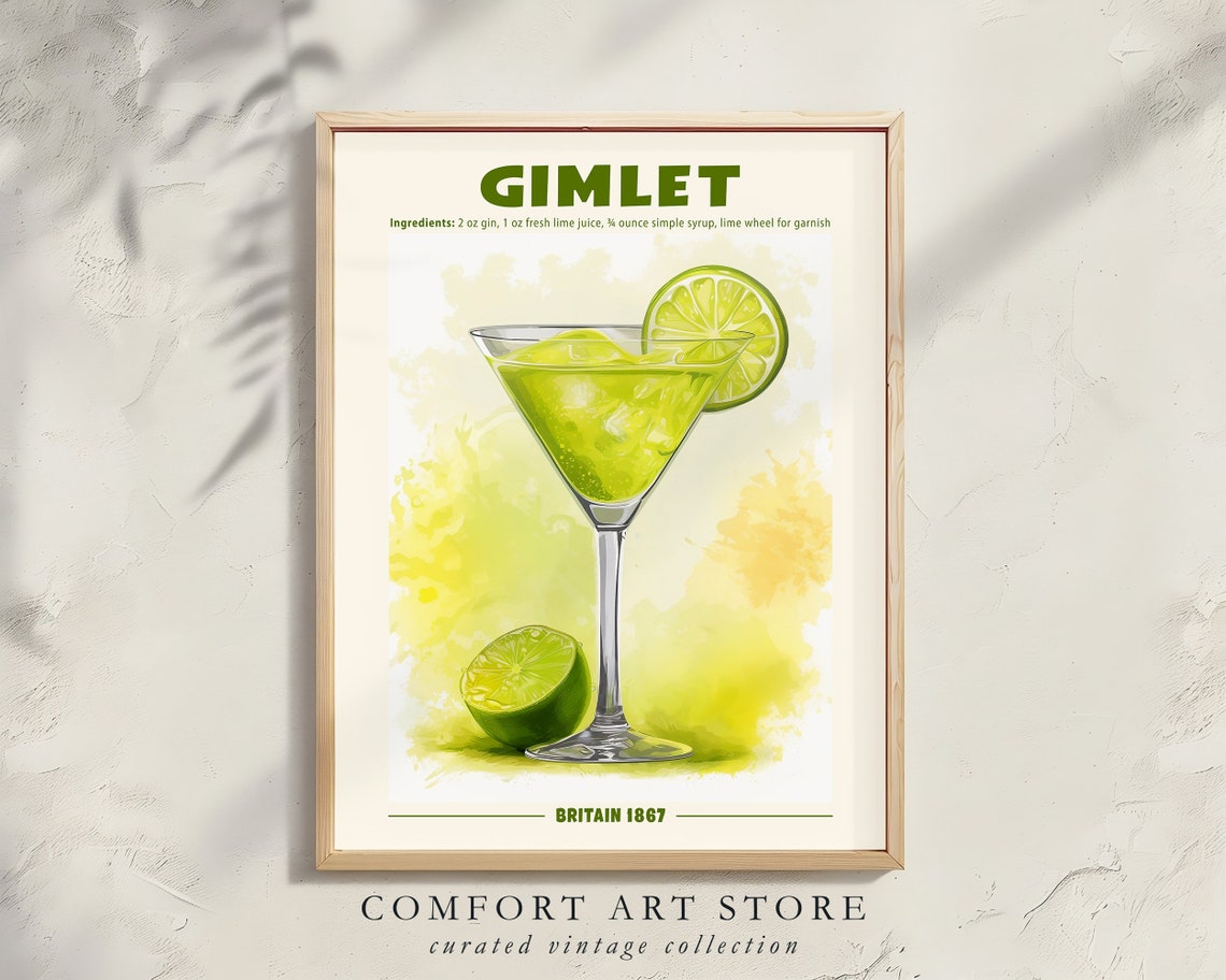 Gimlet Cocktail Print. Classic Alcohol Cocktail Sign. Home Bar Cart ...