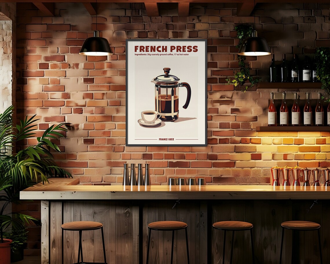 Retro French Press Coffee Print Home Bar Decor Cart Sign Kitchen or ...