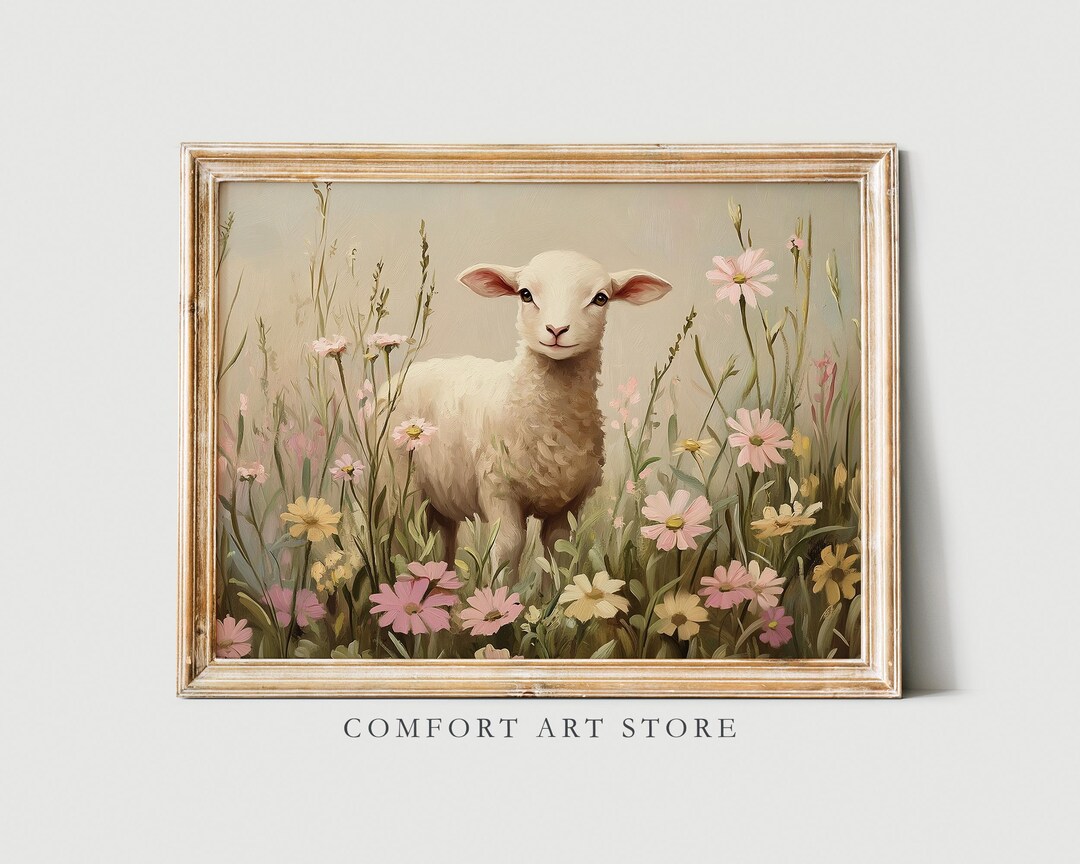 Easter Wall Art Lamb Print Cute Easter Lamb Neutral Spring Wildflower ...