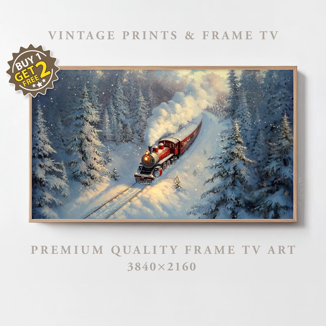 Red Steam Train Christmas Frame TV Art, Vintage Winter Holiday, Snowy ...