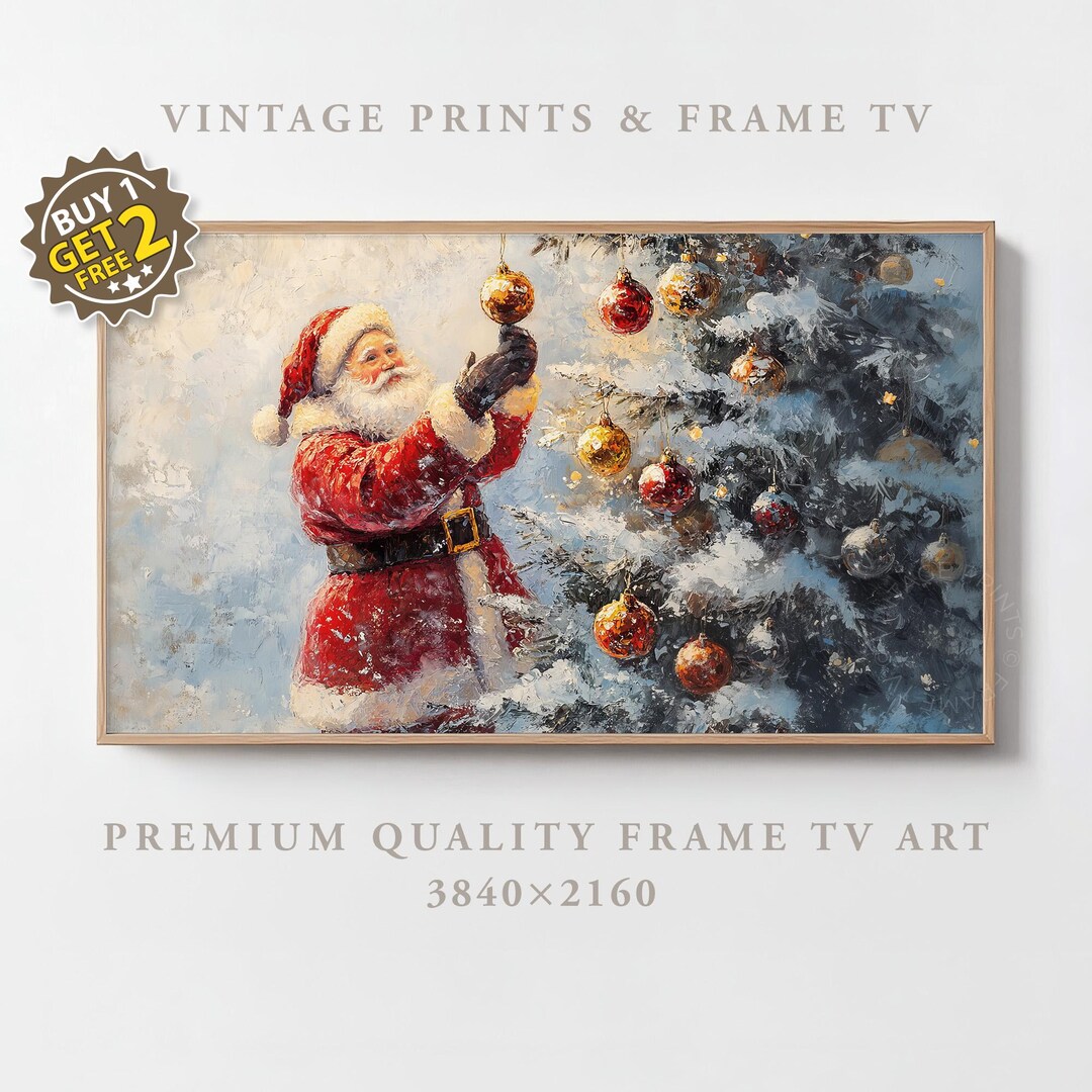 Vintage Christmas Frame TV Art Santa Claus Decorating Christmas Tree ...