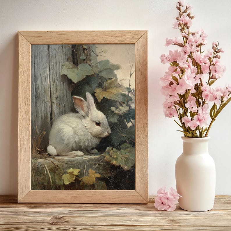 Easter Wall Art Print Spring Rabbit Moody Meadow Flowers Vintage Wooden ...