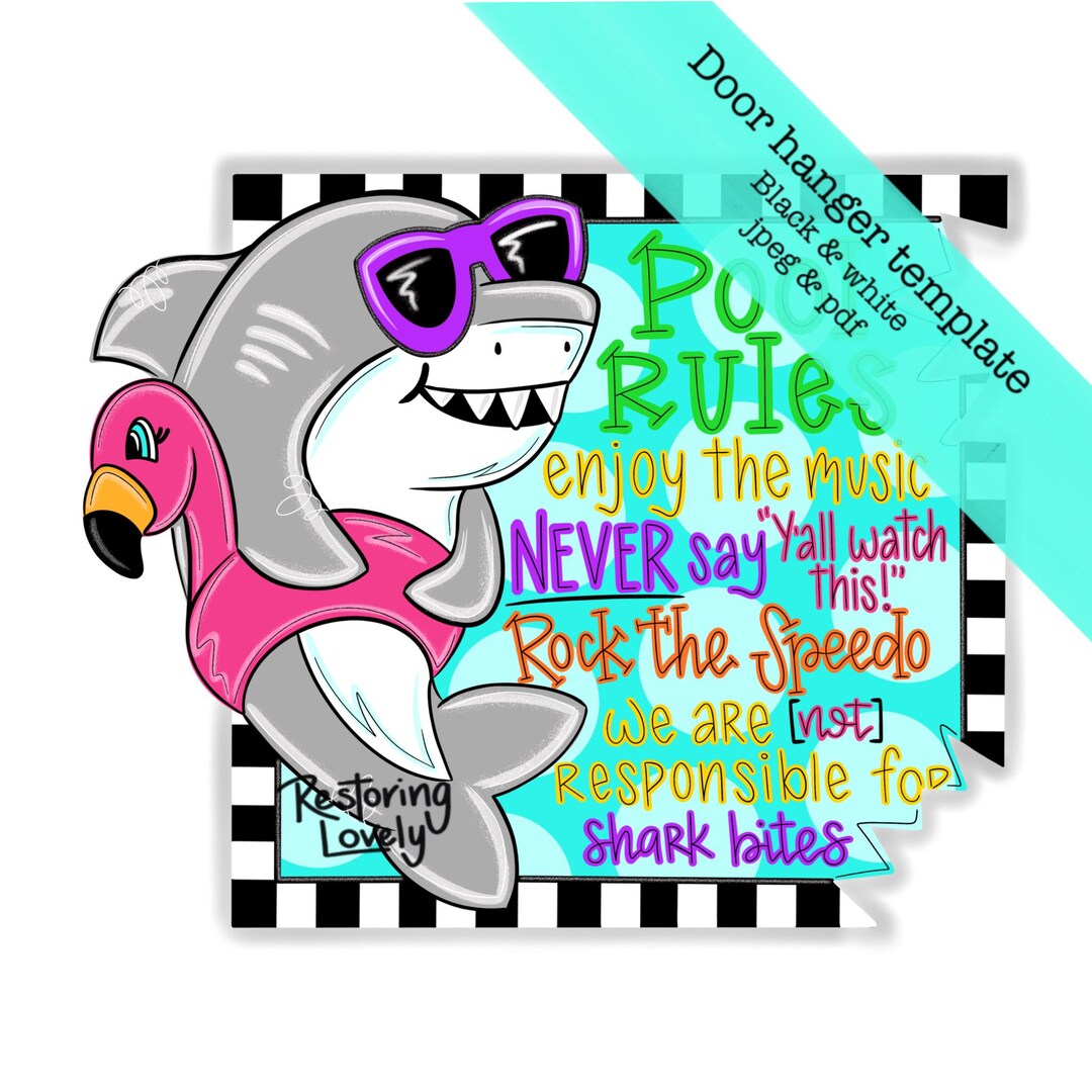 Template, Summer Pool Rules Door Hanger Template, Whimsical Shark ...