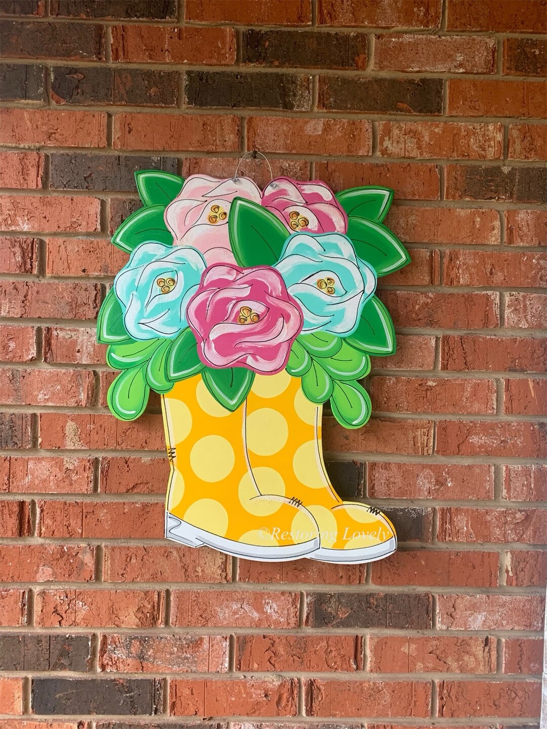 Spring Door Hanger, Wooden Rain Boots Door Hanger, Hand Painted Flower ...