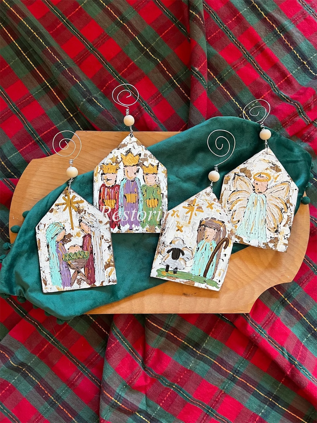 Hand Painted Nativity Ornament Set of 4, Wooden Manger Bundle ...