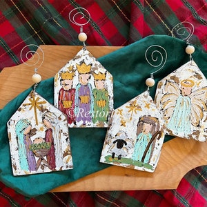 Hand Painted Nativity Ornament Set of 4, Wooden Manger Bundle ...