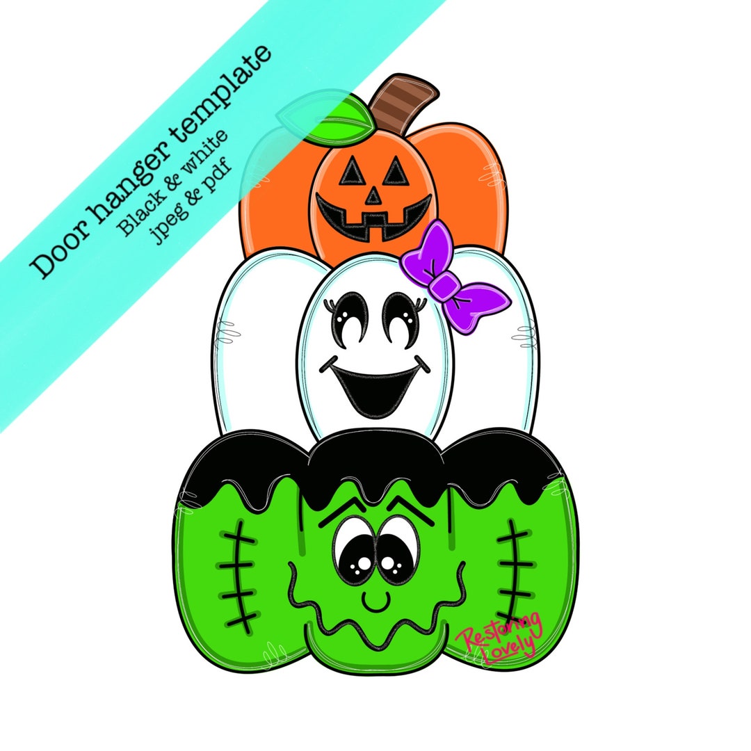Halloween Door Hanger Template, Frankenstein Ghost Pumpkins (PDF & JPEG ...