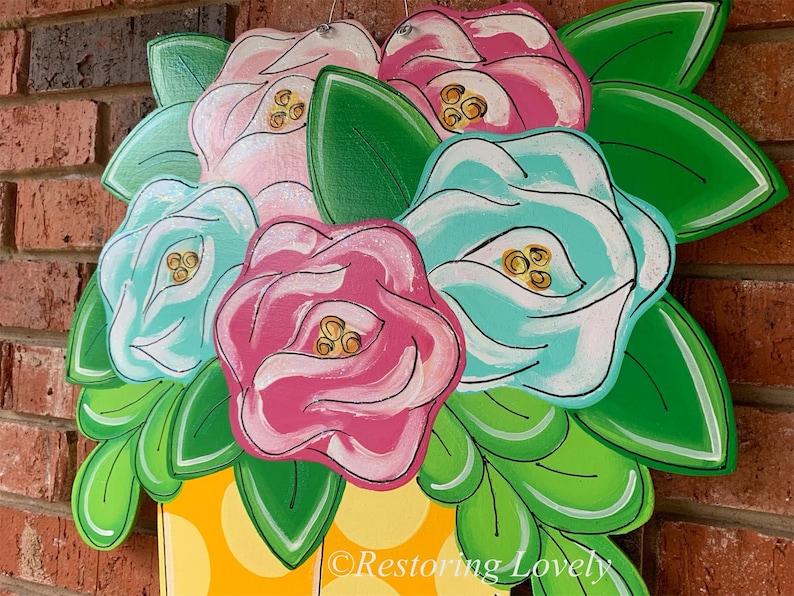 Spring Door Hanger, Wooden Rain Boots Door Hanger, Hand Painted Flower ...