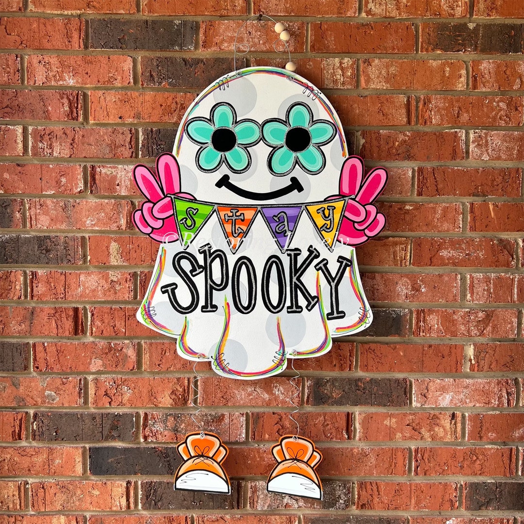 Ghost Door Hanger, Wooden Halloween Door Hanger, Ribbon Legs Door ...