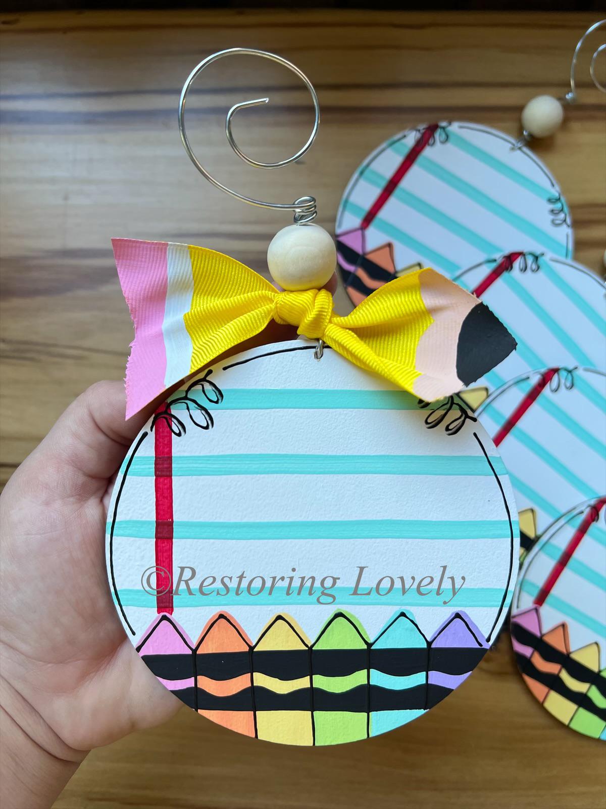 Hand Painted Teacher Christmas Ornament, Whimsical Crayon Pencil Bow ...