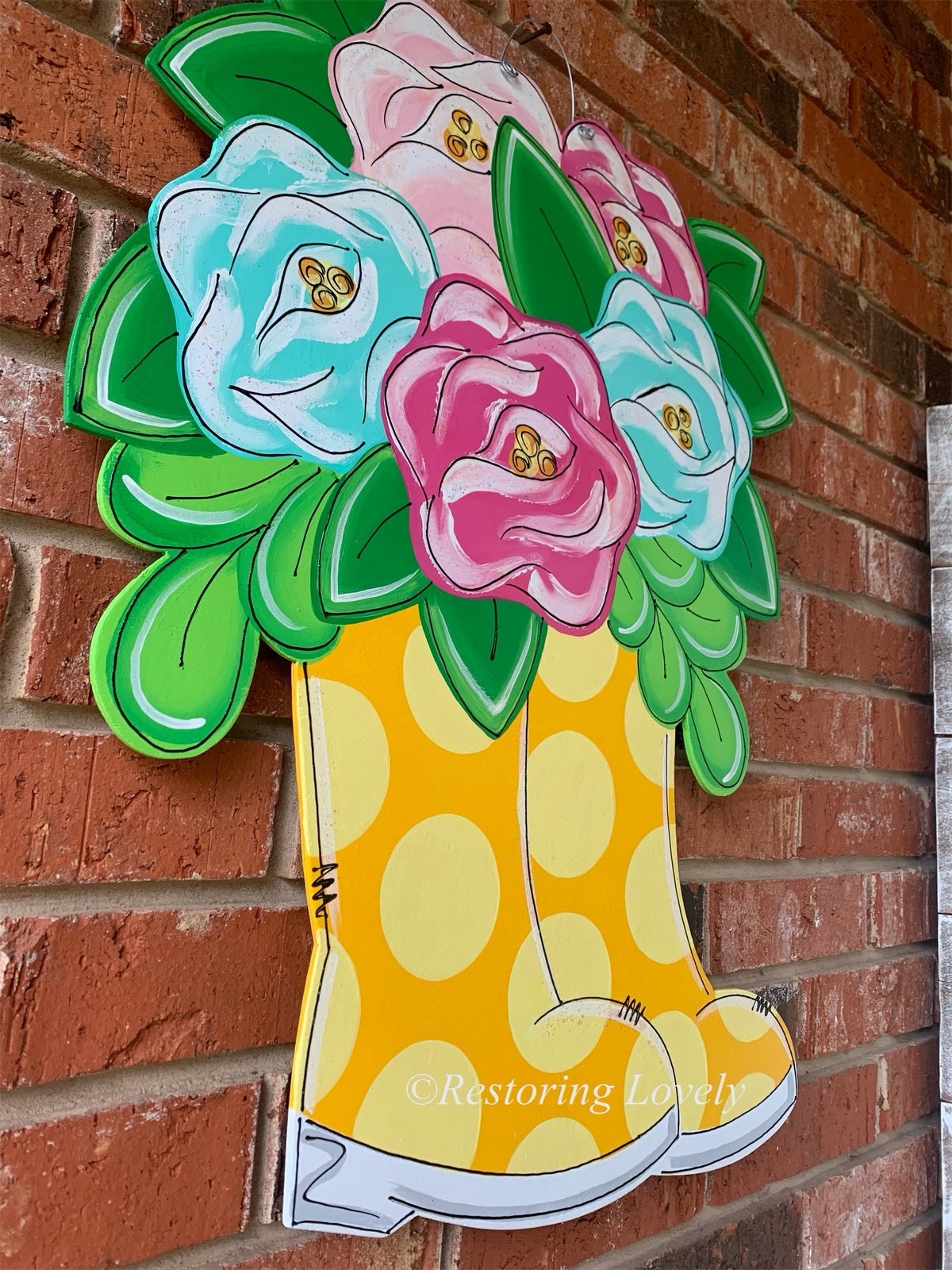 Spring Door Hanger, Wooden Rain Boots Door Hanger, Hand Painted Flower ...