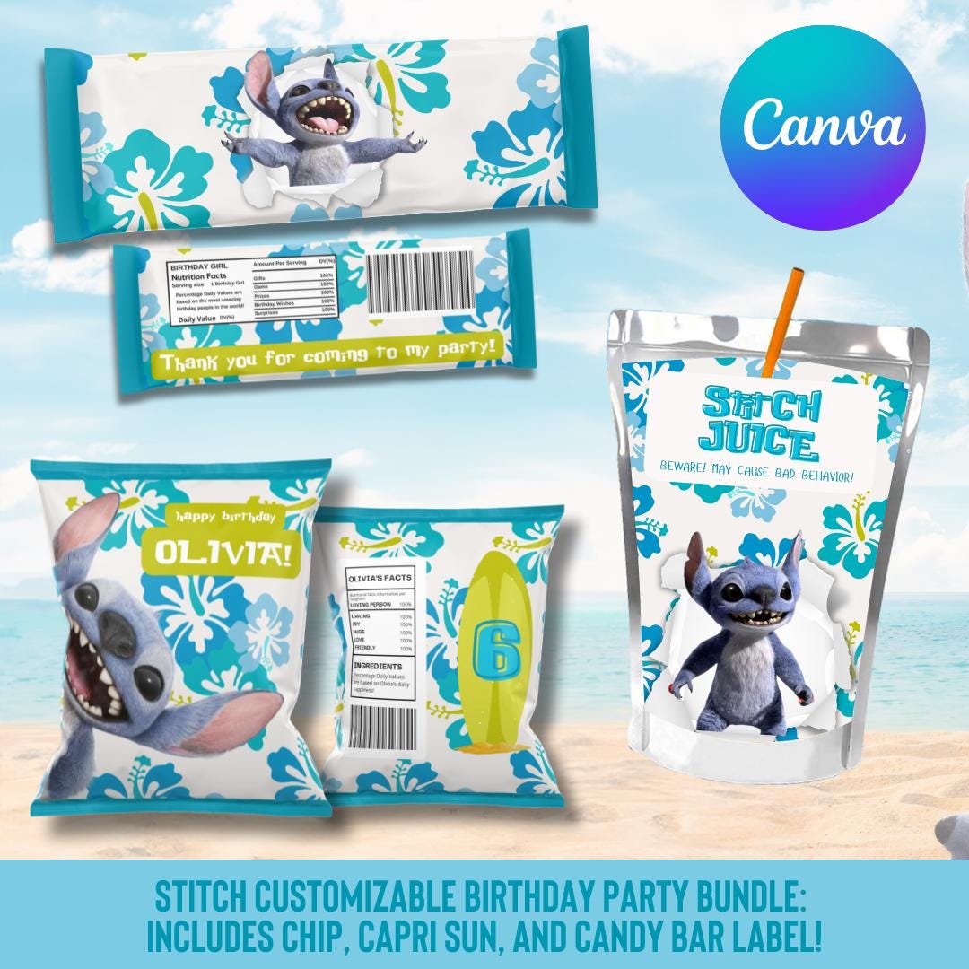Lilo & Stitch Party Favor Bundle: Chip Bag, Capri Sun, Candy Bar ...