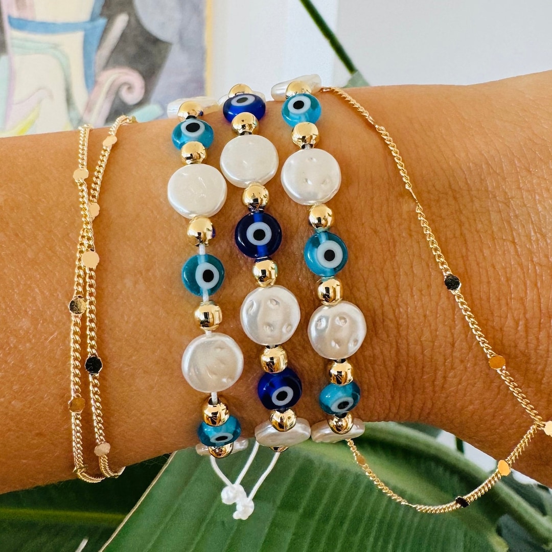 Evil Eye Bracelet, Pearl Bracelet, Handmade Evil Eye Protection ...