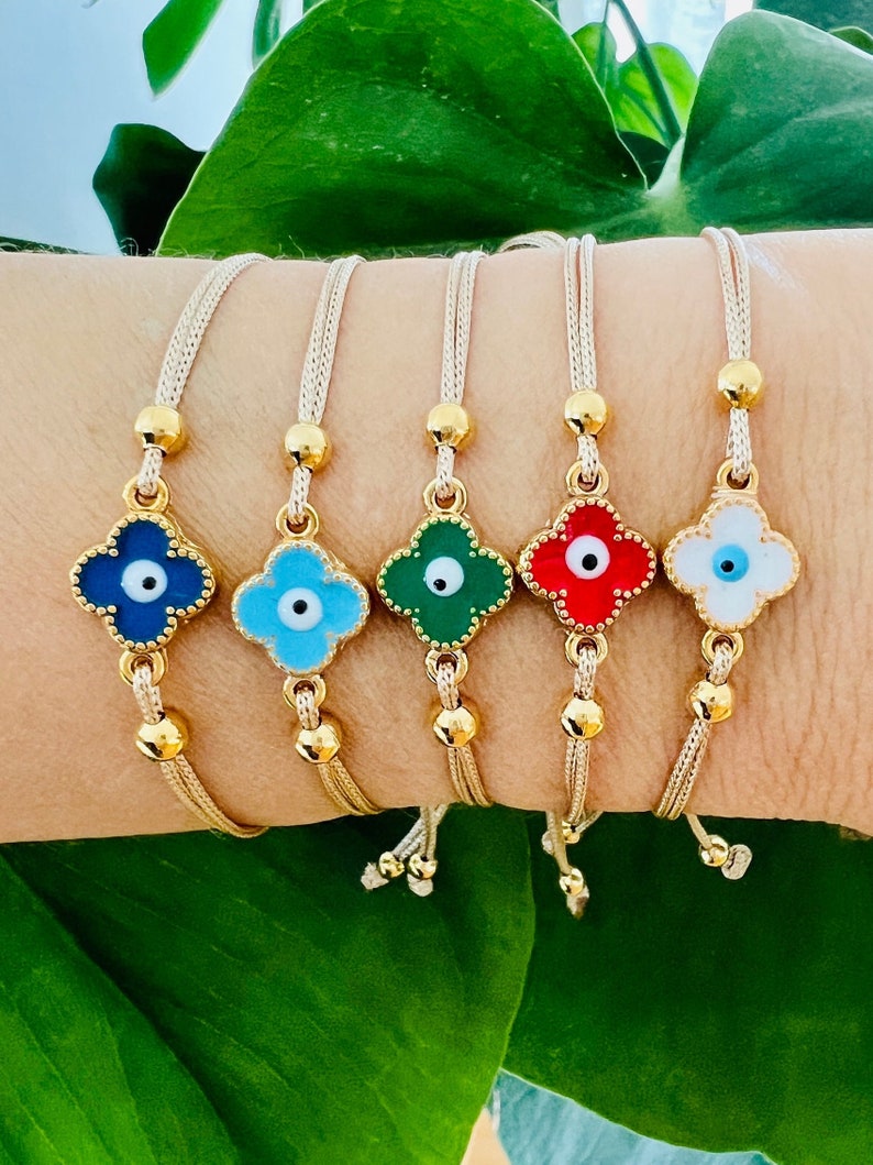 Clover Evil Eye Bracelet, Nazar Protection, Clover Bracelet, Braidsmaid ...