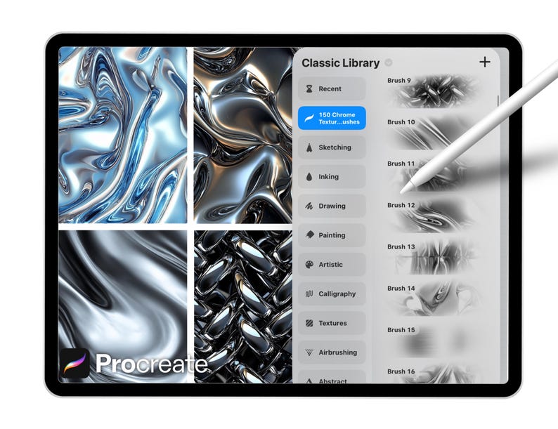 150 Chrome Texture Brushes for Procreate – Metallic, Reflective, Steel ...
