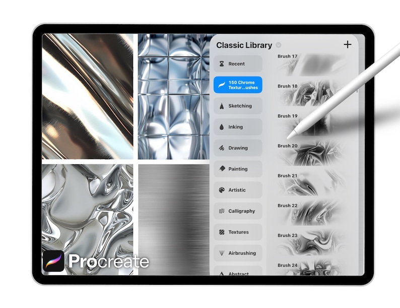 150 Chrome Texture Brushes for Procreate – Metallic, Reflective, Steel ...