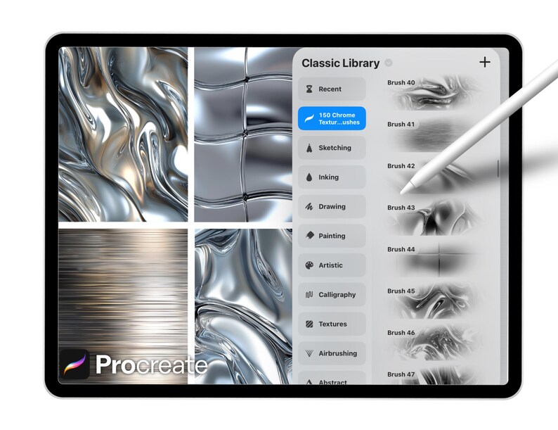 150 Chrome Texture Brushes for Procreate – Metallic, Reflective, Steel ...