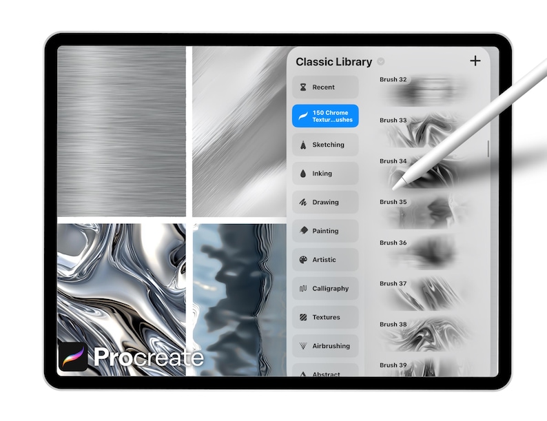 150 Chrome Texture Brushes for Procreate – Metallic, Reflective, Steel ...