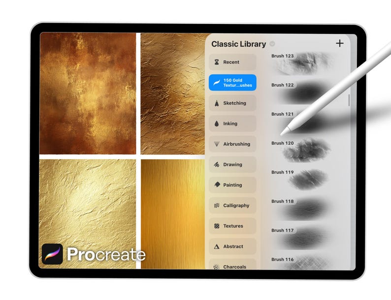 150 Gold Texture Brushes for Procreate – Metallic Foil, Shimmer ...