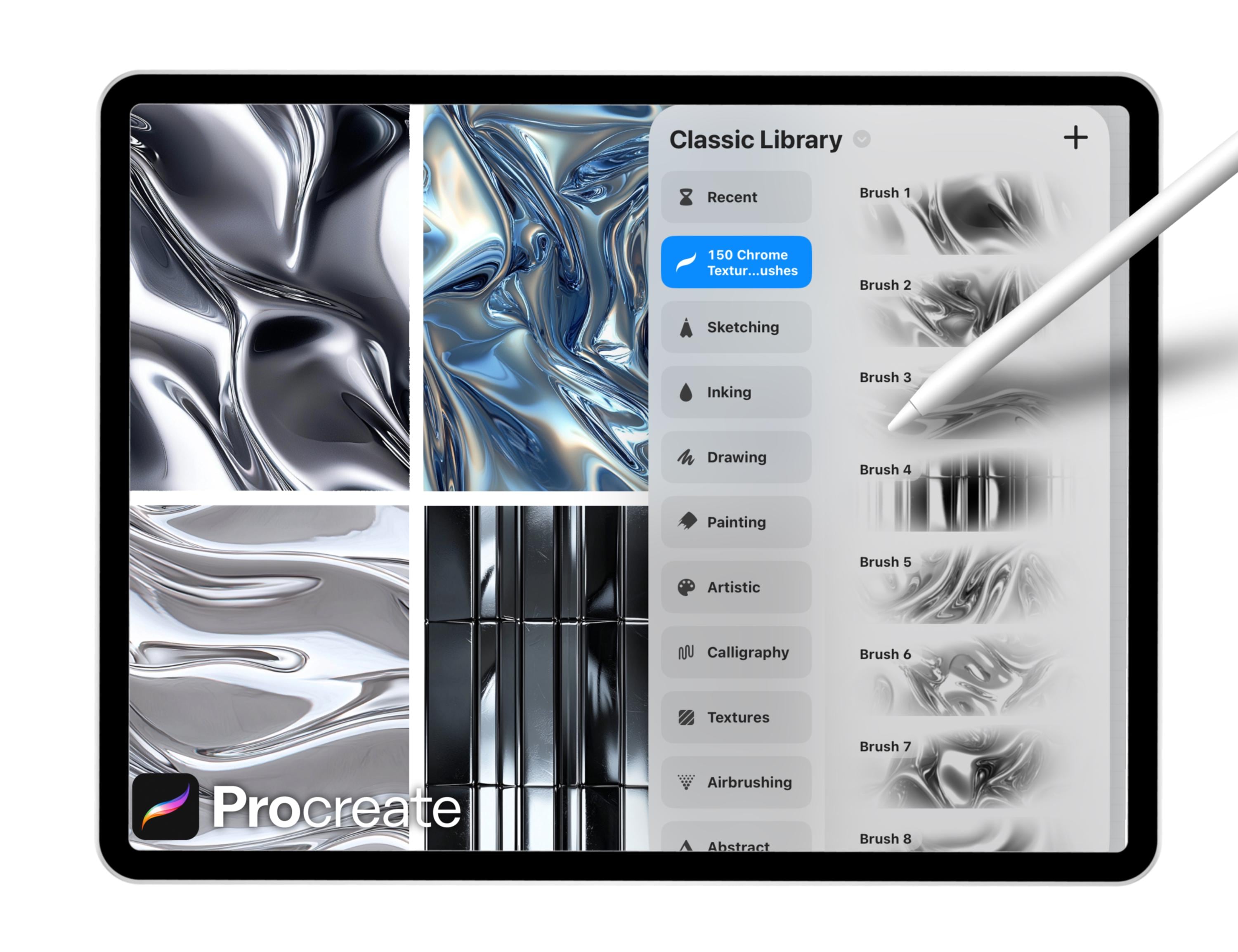 150 Chrome Texture Brushes for Procreate – Metallic, Reflective, Steel ...