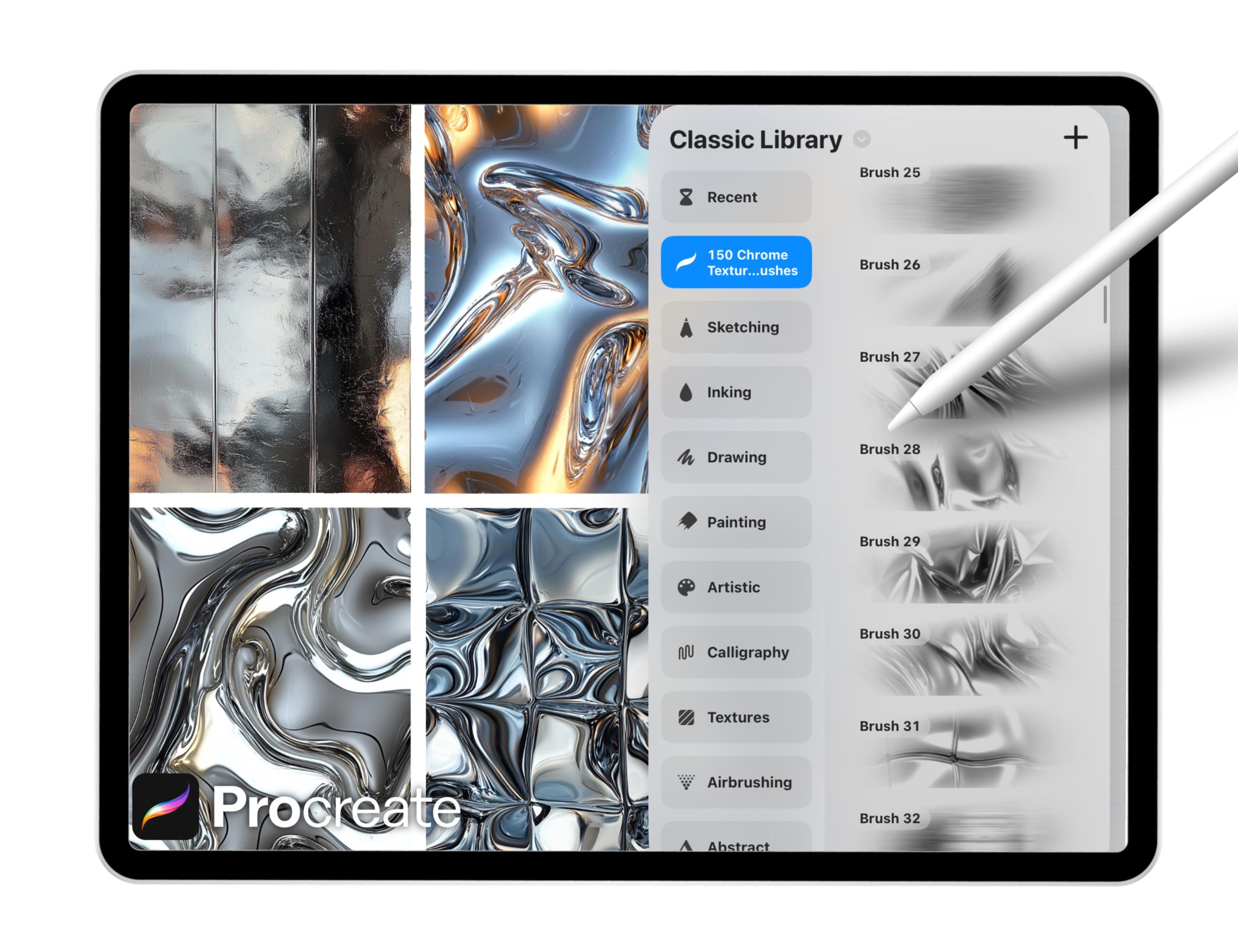 150 Chrome Texture Brushes for Procreate – Metallic, Reflective, Steel ...