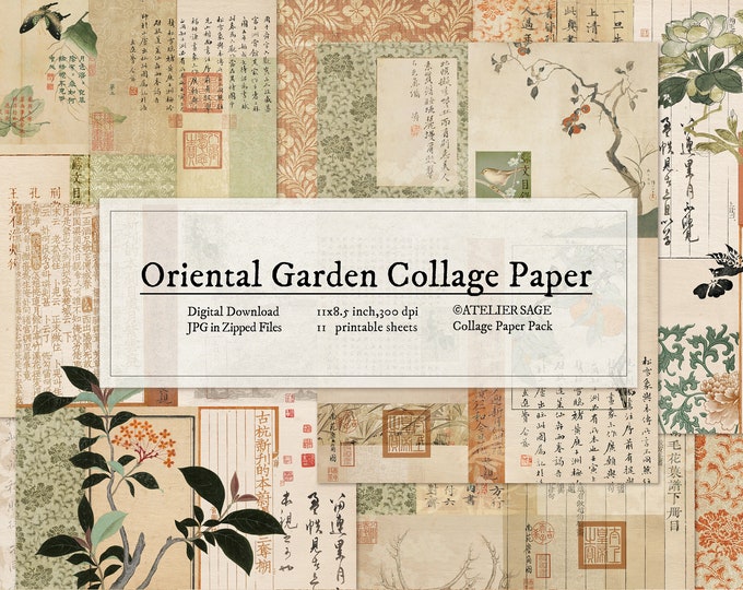 Oriental Garden Digital Collage Paper, Digital Asian Paper, Junk ...