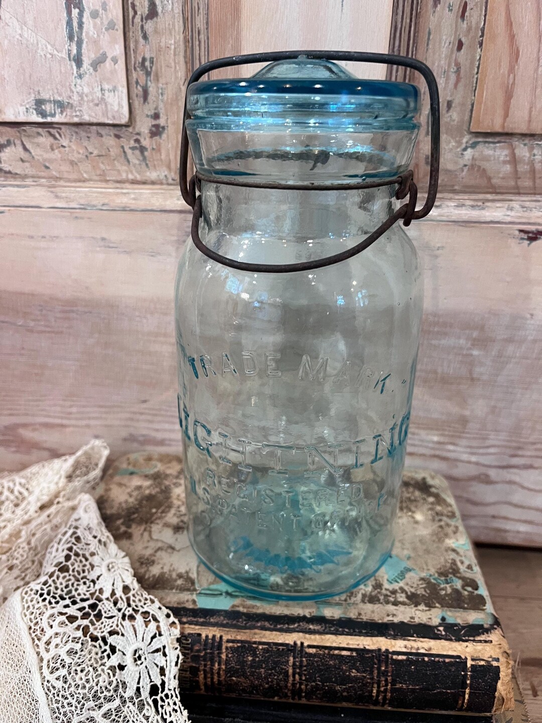 Lightning Blue Jar Bail Handle Mason Jar Vintage 1 QT Canning Jar ...