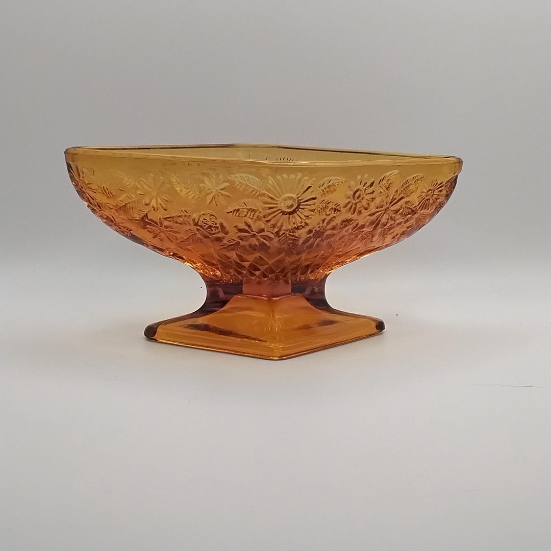 Vintage Indiana Glass Amber Compote Dish | Pineapple Diamond Floral ...