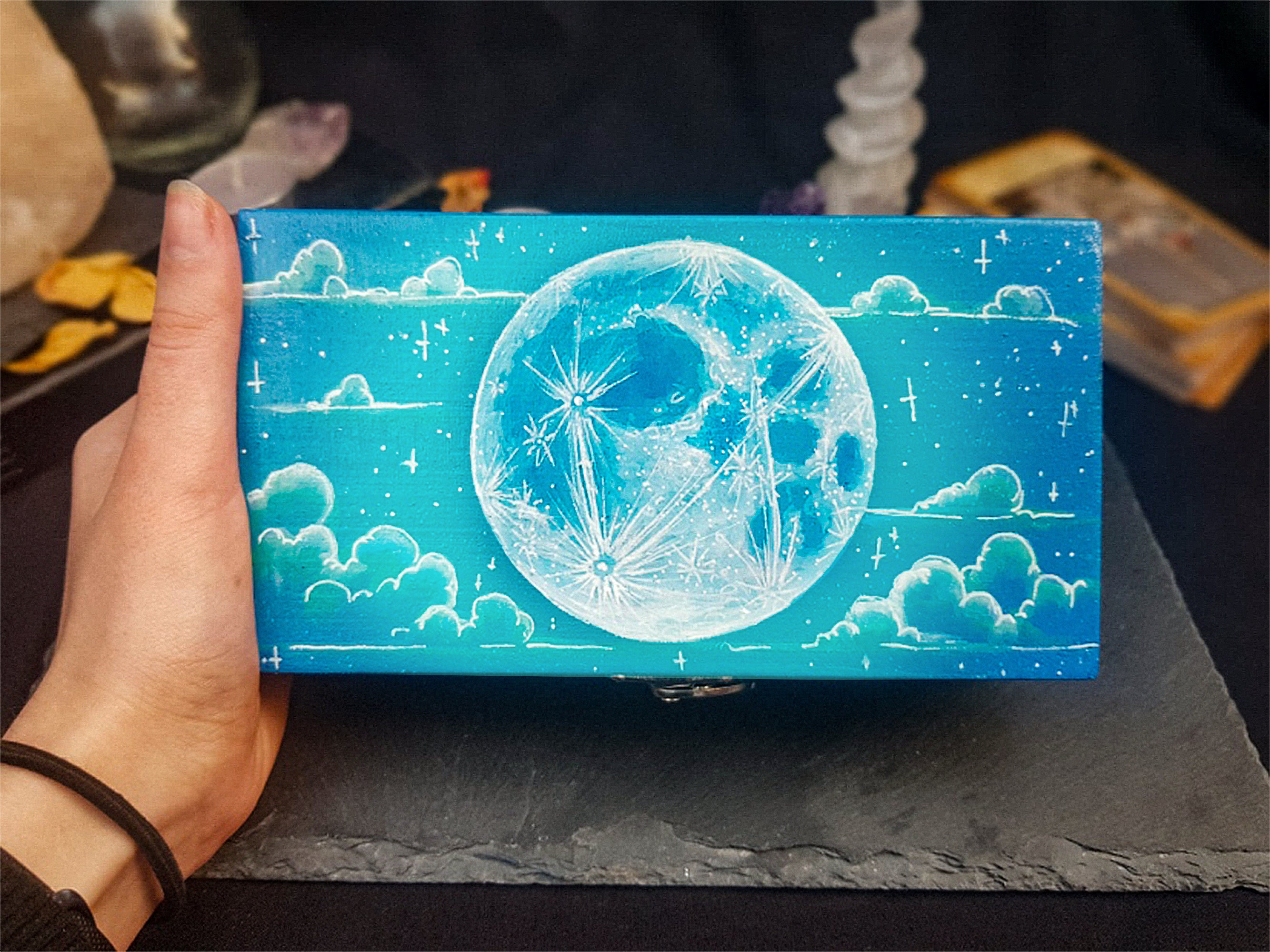 Blue Full Moon Tarot & Crystal Storage Box | Hand Painted Night Sky ...
