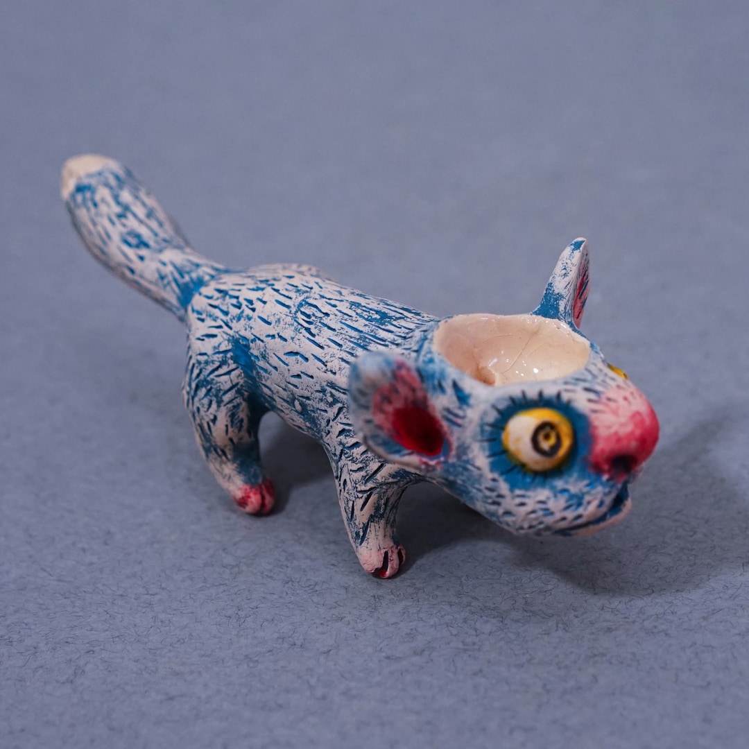 Handmade Art Ceramic Blue Cat Pipe Unique Clay Smoking Cute Pipe One ...