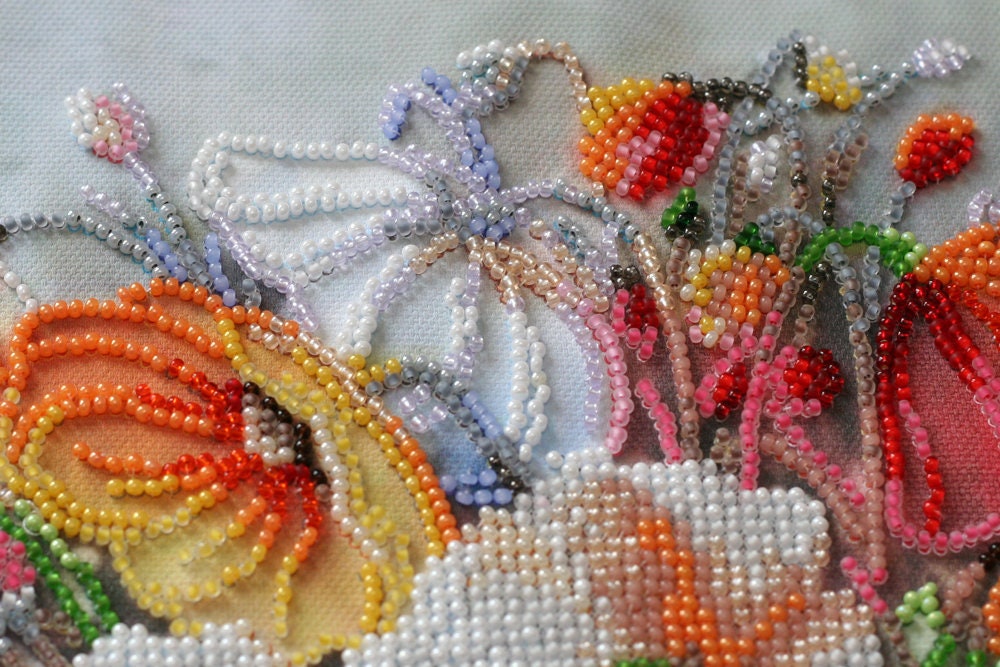 Large Beaded Cross Stitch Picture Kit Floral Pattern Poppy - Etsy