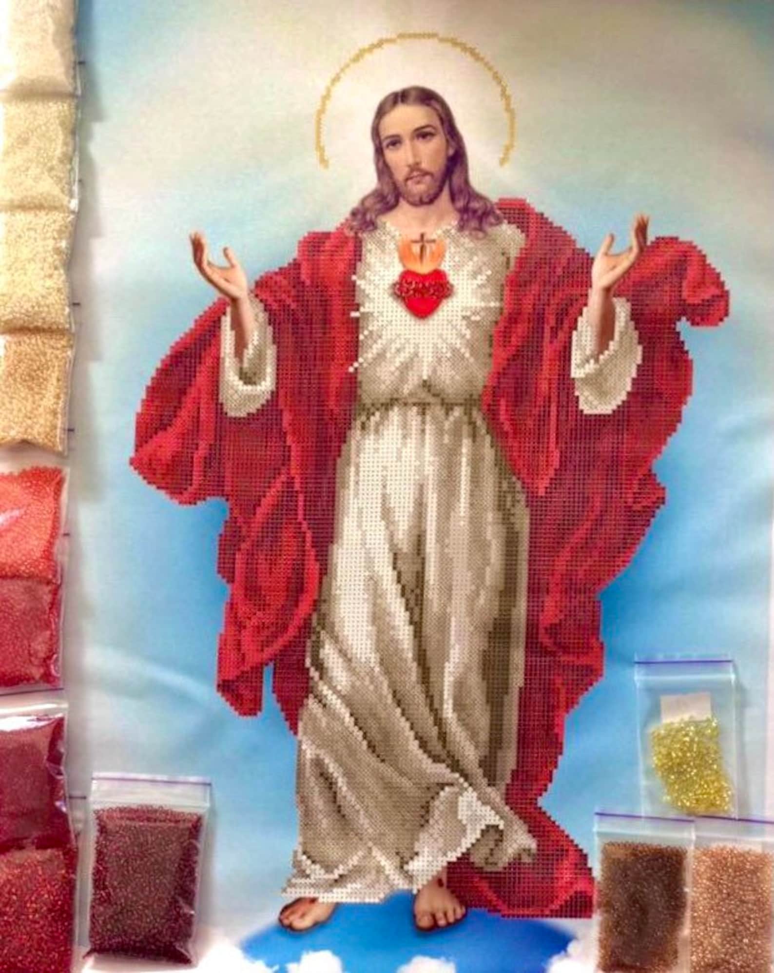 Divine Mercy Bead Embroidery Kit, Catholic Beaded Cross Stitch Set ...