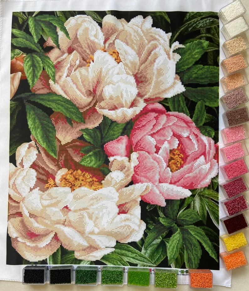 Large Beaded Cross Stitch Picture Kit Floral Pattern DIY Bead - Etsy