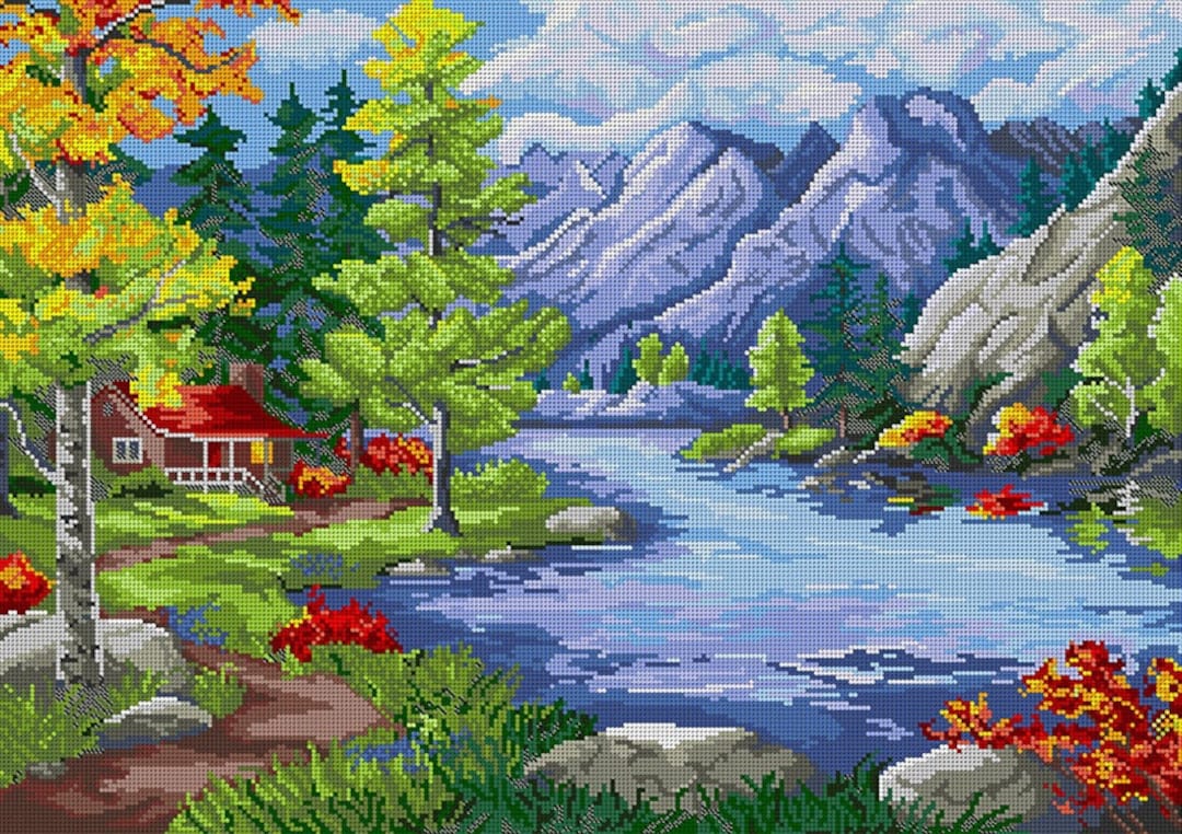 Large Autumn Landscape Bead Embroidery Kit, Full Coverage Beaded Cross ...