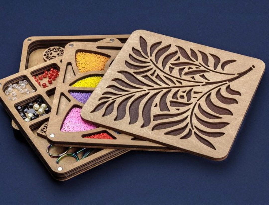 Wooden Box for Beadwork With Lid, Square Beads Sorting Tray Organizer ...