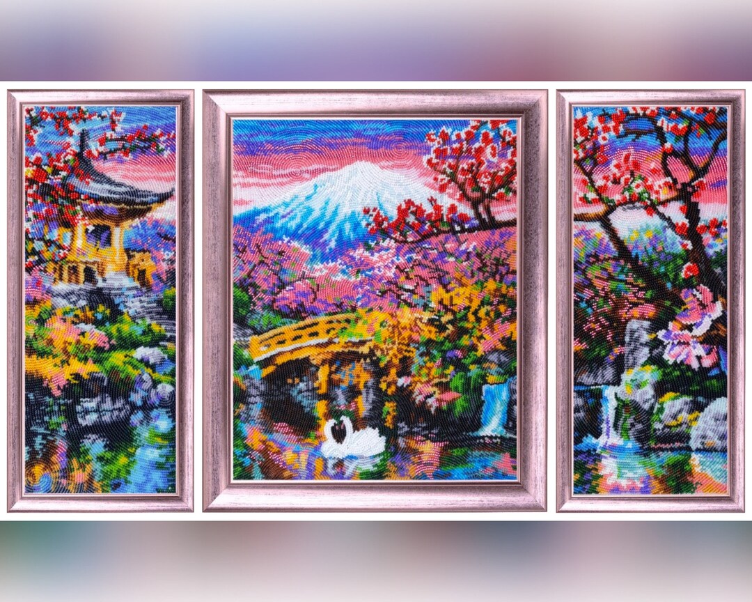 DIY Bead Embroidery Craft Kit Sakura Flowers, Japanese Landscape ...