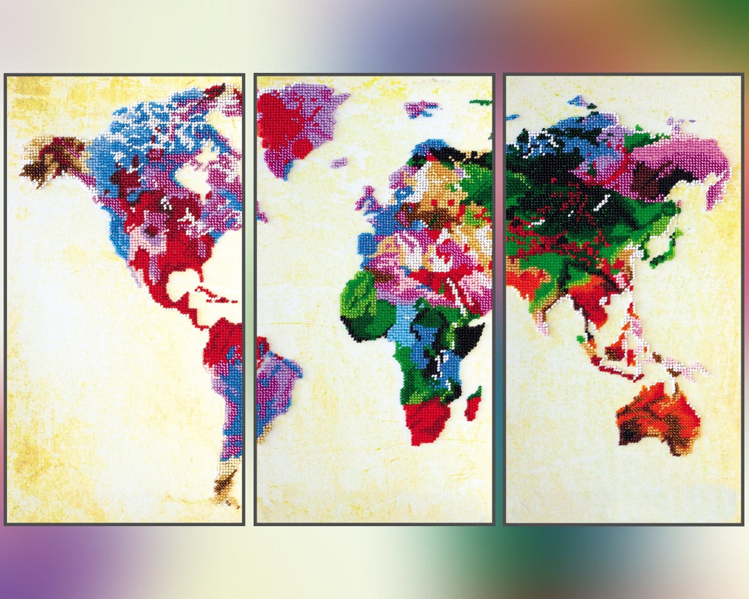 Large DIY Bead Embroidery Kit World Map Pattern, Modern Beaded Cross ...