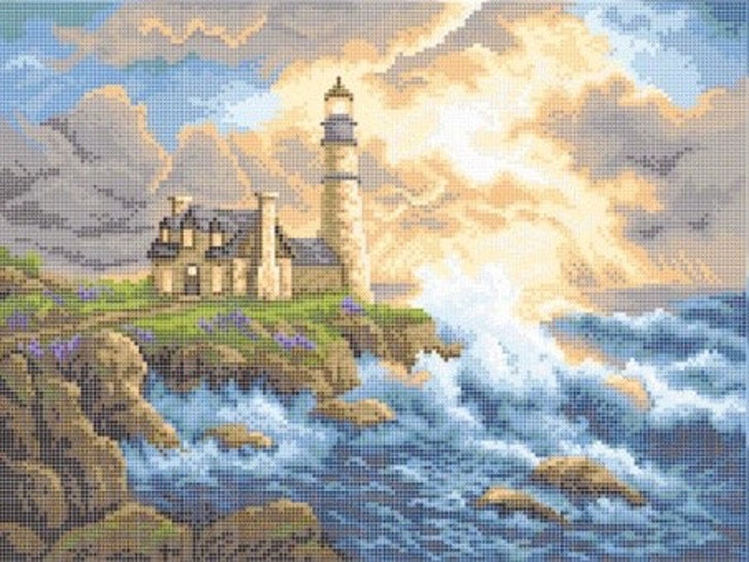 Large Beaded Cross Stitch Picture Kit Landscape Pattern, Lighthouse DIY ...