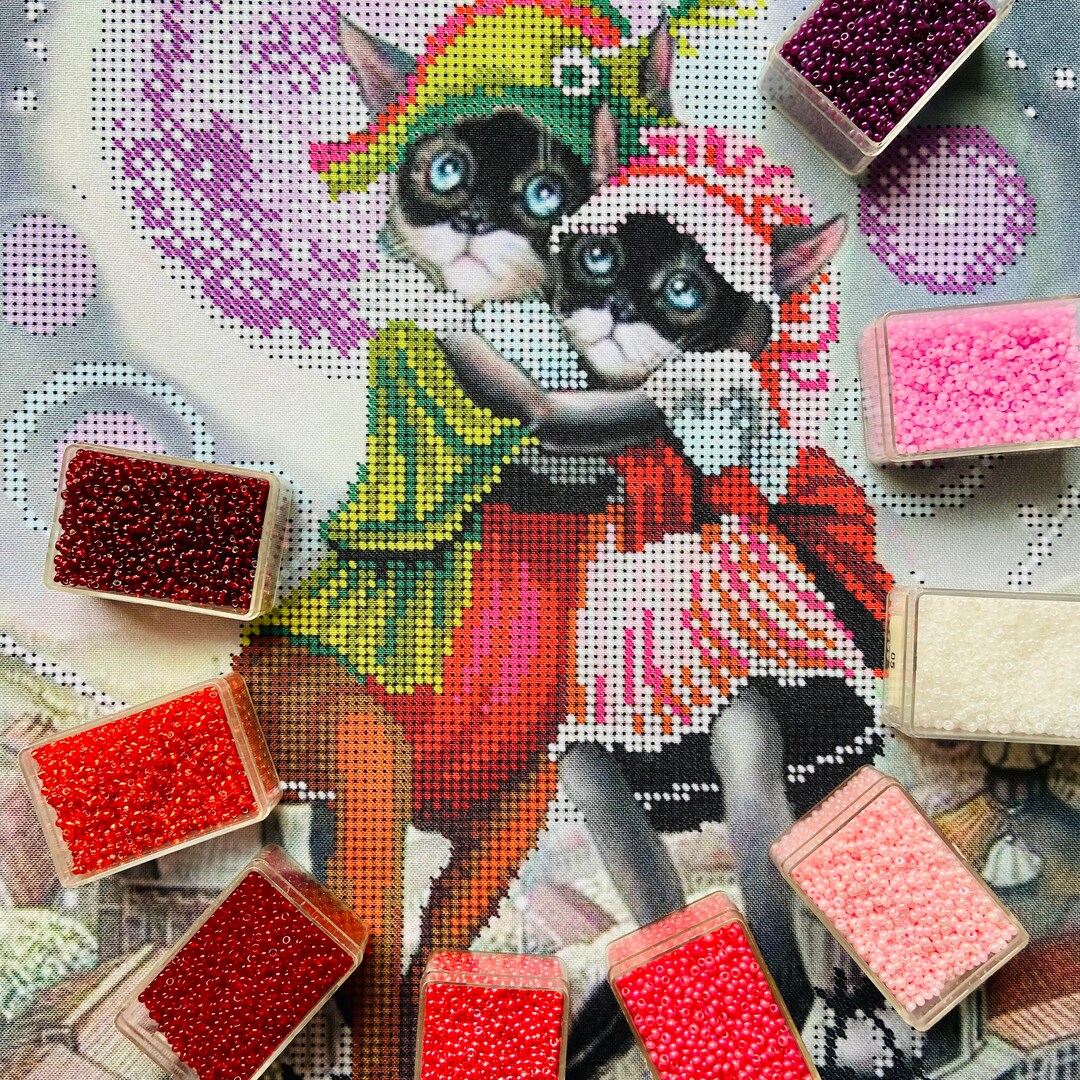 Cats Large Bead Embroidery Kit Abstract Pattern, Beaded Cross Stitch ...