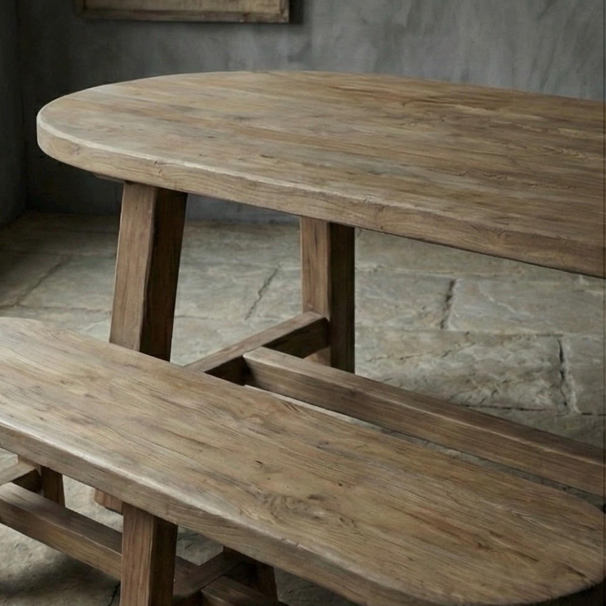 Reclaimed Oak Oval Dining Table Set With Bench – Natural Grain ...