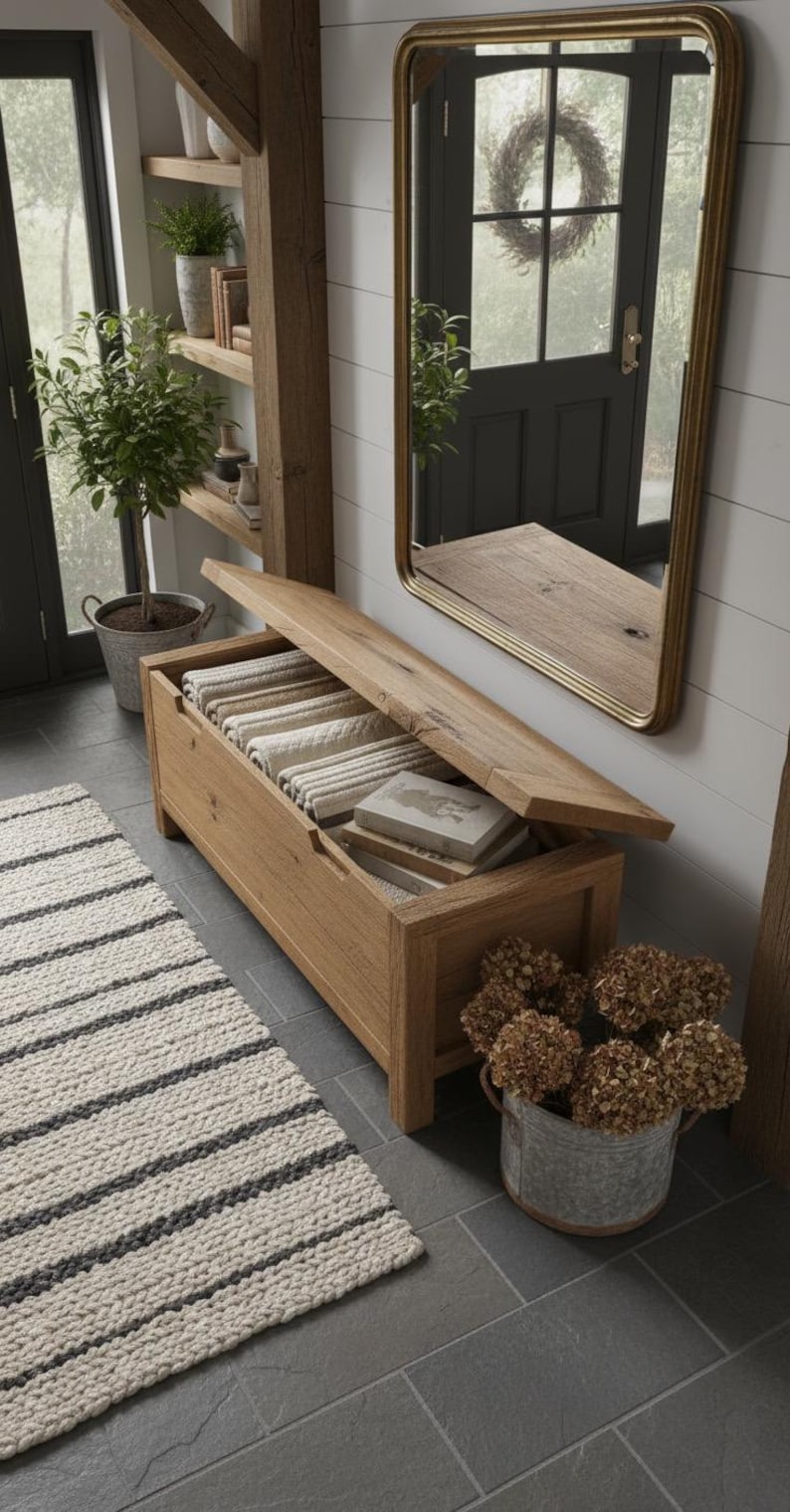 Handcrafted Rustic Oak Storage Bench – Multipurpose Entryway, Hallway ...