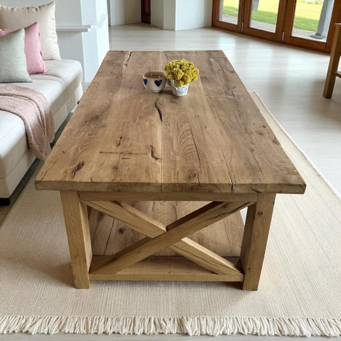 Farmhouse Coffee Table – Rustic Weathered Oak With Croos Legs and Lower ...