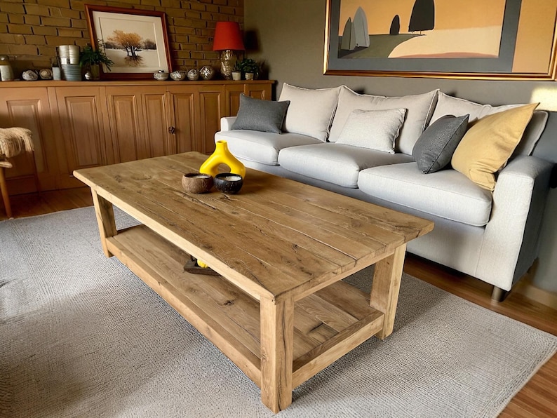 Reclaimed Oak Long Coffee Table With Shelf - Modern Farmhouse Living ...